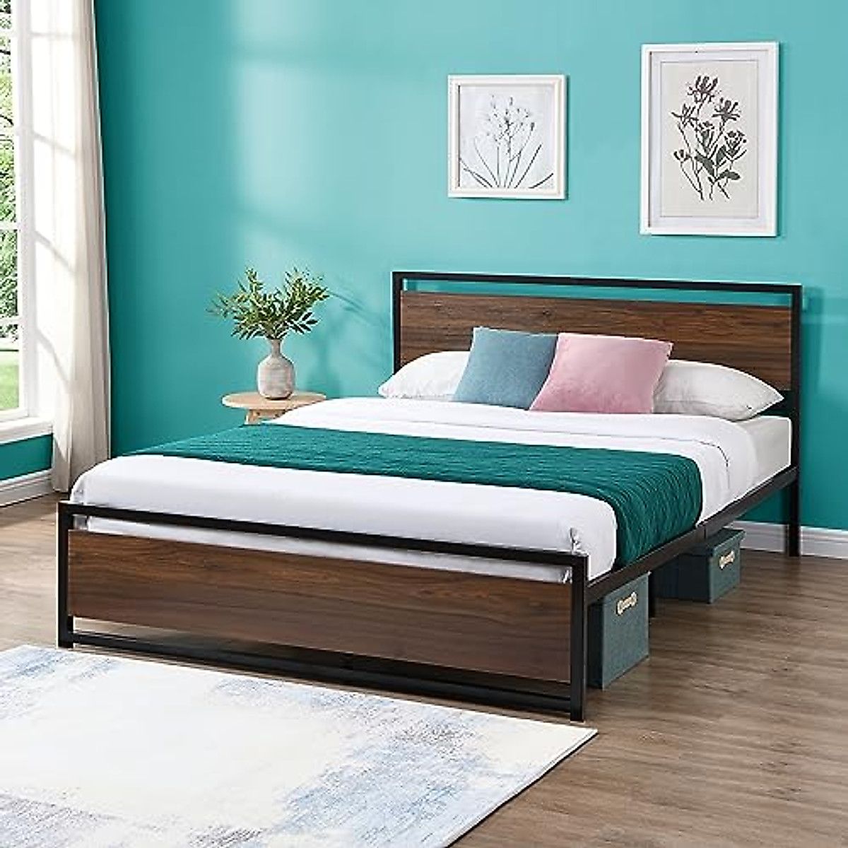 HAUSHECK Queen Size Platform Bed Frame, Industrial Stlye Bed Frames w/Headboard & Footboard, Metal Bedframe No Box Spring Needed w/Strong Steel Slat Support Mattress Foundation for Teen, Adults