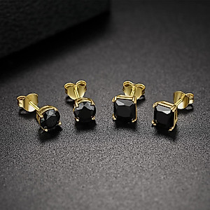 Foruiston 925 Sterling Silver Black Stud Earrings for Women and Men, Solitaire Cubic Zirconia Round & Princess Cut Heart-Shaped, 6mm (Round-Cut, Gold)
