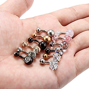 Dyknasz 14G 6MM (1/4") Short Length Surgical Steel Belly Button Rings Clear Diamond CZ Navel Ring Body Piercing Jewelry for Women Men 12 Pieces Silver-Tone Rose Gold Black