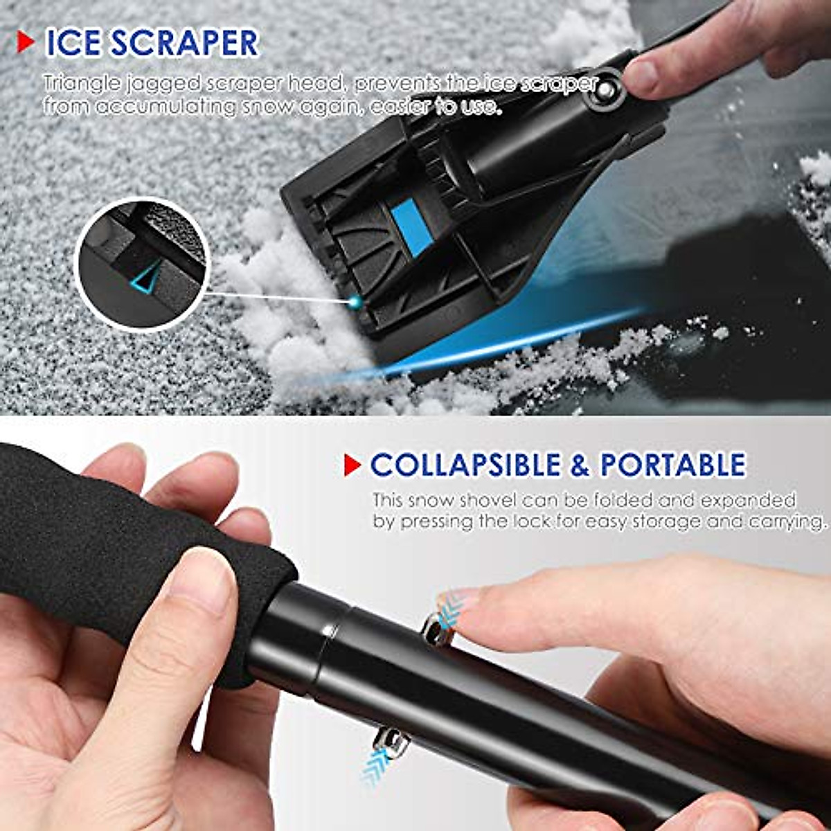 CLISPEED Snow Shovel for Car, Folding Snow Shovel with Ice Scraper for Car Truck Driveway Snow Removal (Blue)