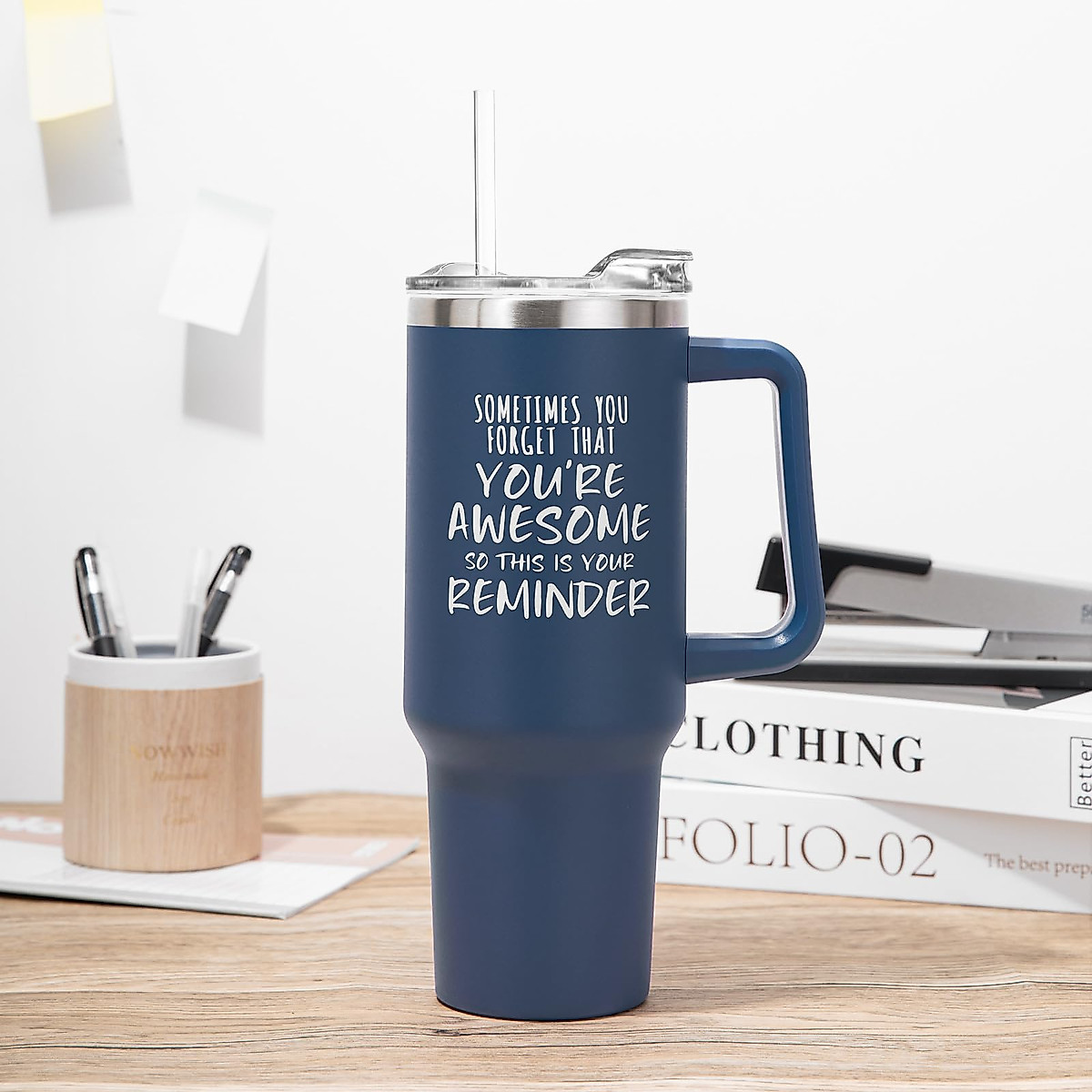 NOWWISH Inspirational Gifts for Men, Sometimes You Forget You're Awesome 40 oz Tumbler with Handle and Straw, Birthday Gifts for Him Husband Dad and Boyfriend - Navy Blue