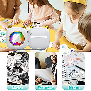 Mini Printer with 14 Rolls Paper,Mini Pocket Sticker Printer,Portable Bluetooth Inkless Printer for Journal, Memo, Photo,DIY Scrapbook,Compatible with Phone & Tablet With 7 Colors RGB Lights