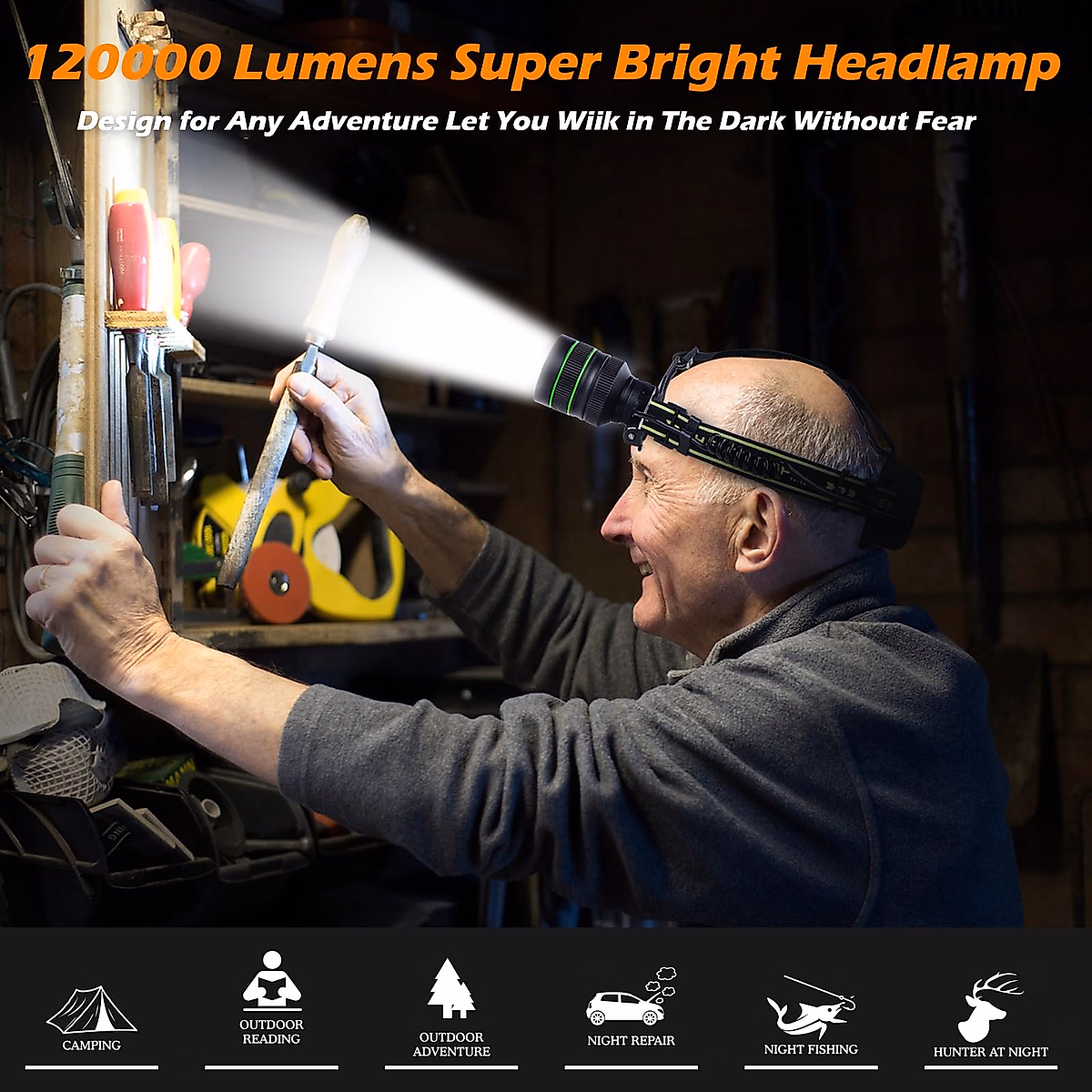AHHZDZQ 120,000LM Super Bright LED Rechargeable Headlamp, Zoomable Head lamp with 5 Lighting Modes, 90° Adjustable & IP67 Waterproof for Camping | Hiking | Climbing | Fishing | Hunting | Auto Repair