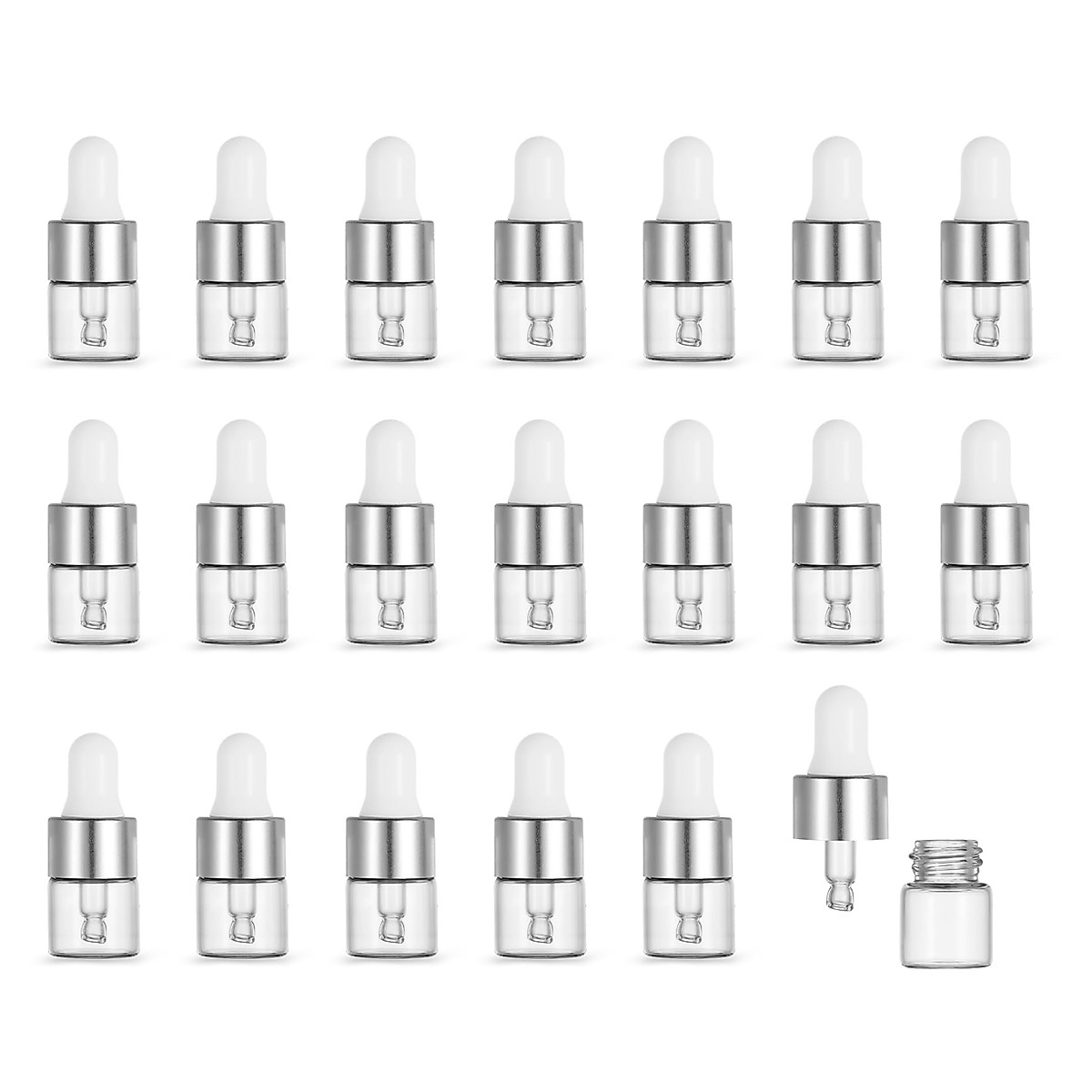 ZbFwmx 20Pack Set 1ML Glass Bottles with Glass Eye Dropper Dispenser for Sample Vial Small Essential Oil Bottle with Glass Eye Dropper, Colognes & Perfumes (Sliver-Clear)