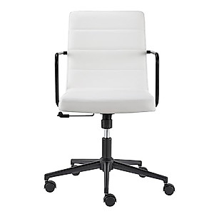 Euro Style White Faux Leather/Black Steel Leander Rolling Office Chair with Armrests - Modern Computer Desk Chair with Wheels for Work, Gaming