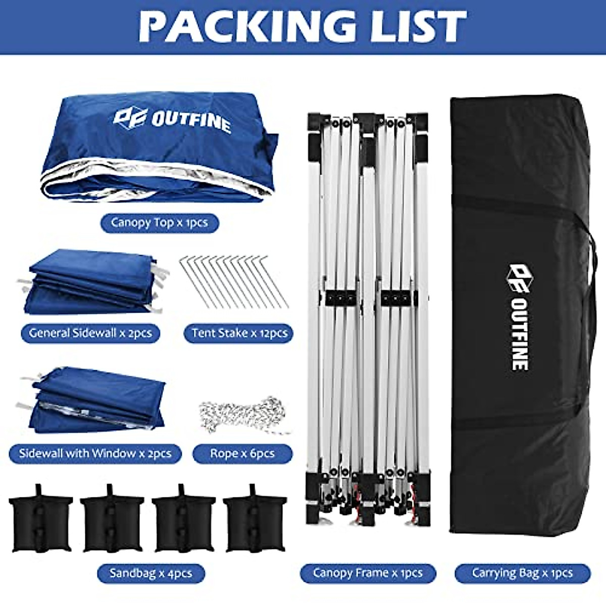 OUTFINE Canopy 10'X20' Pop Up Canopy Gazebo Commercial Tent with 4 Removable Sidewalls, Stakes X12, Ropes X6 for Patio Outdoor Party Events