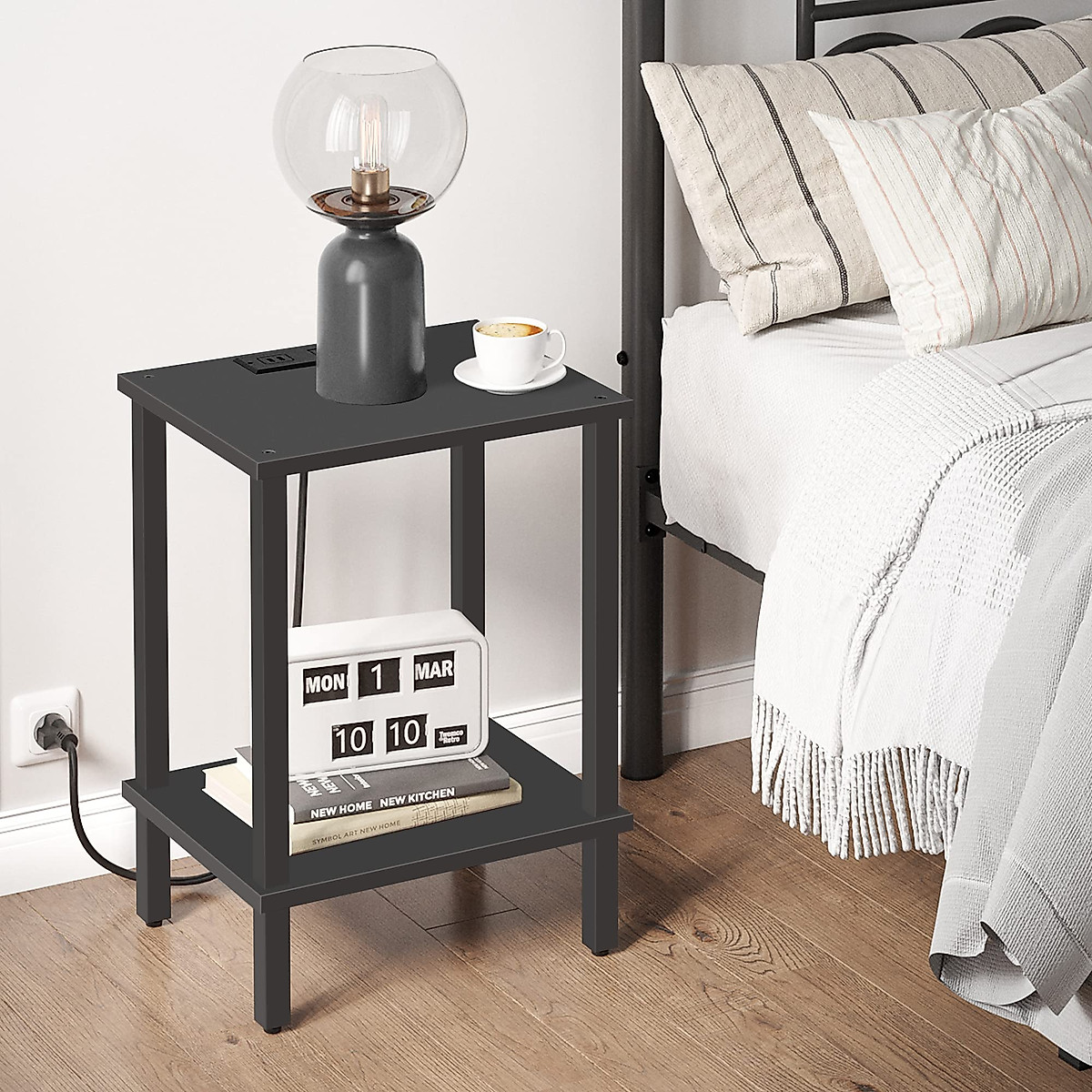 TUTOTAK End Table with Charging Station, Set of 2, Side Table with USB Ports and Outlets, Nightstand, 2-Tier Storage Shelf, Sofa Table for Small Space, Living Room, Bed Room TB01BK041