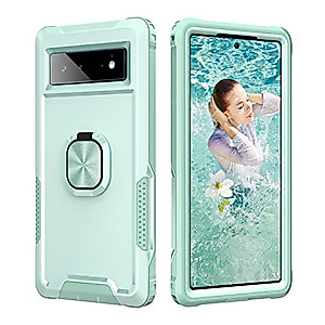 Petocase for Google Pixel 6 Case Heavy Duty Full Body Shockproof Kickstand with 360°Ring Holder Support Car Mount Hybrid Bumper Silicone Hard Back Cover for Google Pixel 6 2021 6.4" Mint