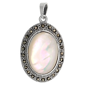 Sterling Silver Marcasite Oval Pendant, w/Cabochon Cut 24x18mm Mother of Pearl, 1 7/16" (37 mm) tall