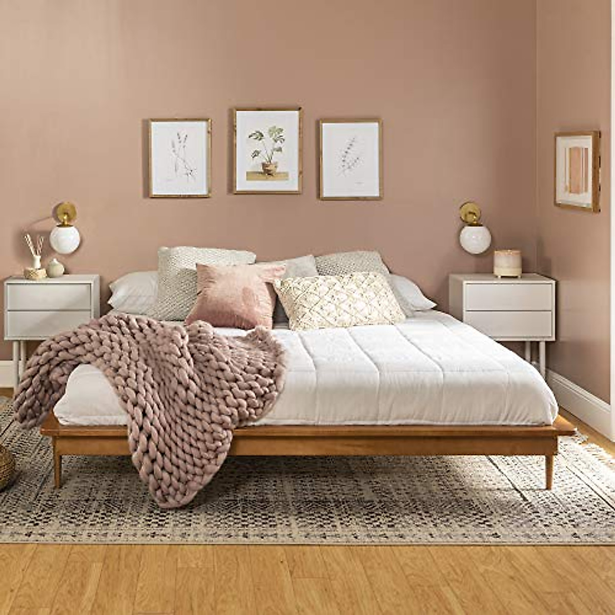 Walker Edison Mid Century Modern Solid Wood Platform Bed Headboard Footboard Bed Frame Bedroom, King, Caramel