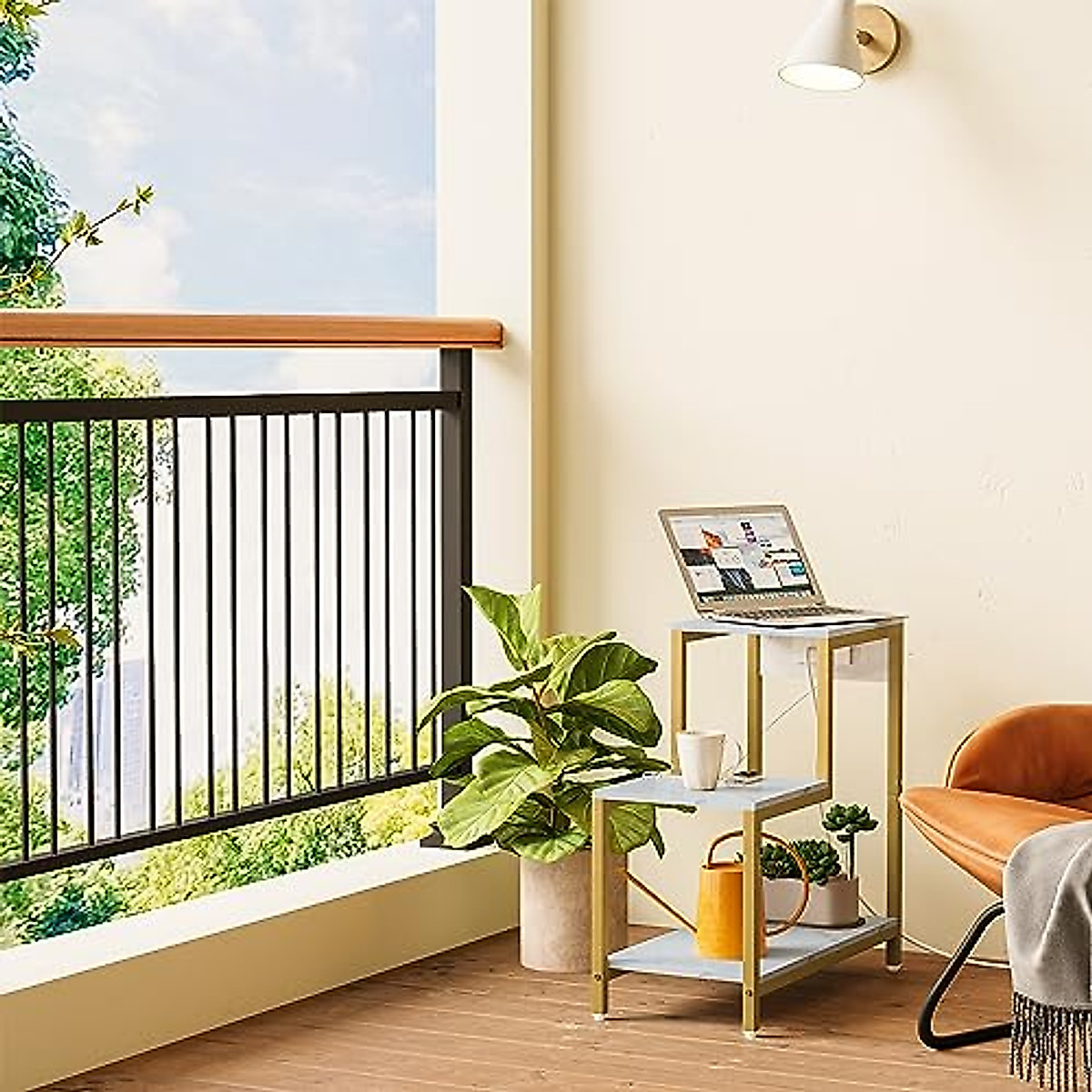 Snughome End Table with Charging Station, Narrow Side Table, 3 Tier Modern Nightstand with USB Ports and Outlet, Sofa Beside Table for Living Room, Bedroom，White and Gold