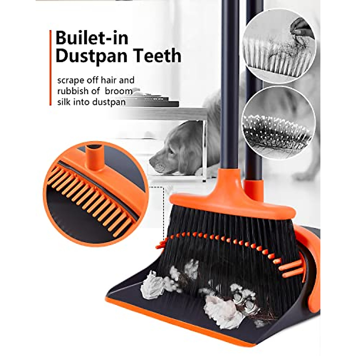 Broom and Dustpan Set for Home,Broom and Dust Pans with Long Handle,Indoor Broom with Dustpan Combo Set,Stand Up Broom and Dustpan,Kitchen Broom Dustpan for Home Room Office Lobby Floor Use(Orange)