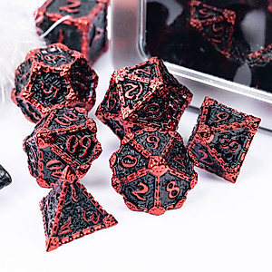 Cusdie Metal Dice with Metal Box, 7 PCs DND Metal Dice, Dagger Design Polyhedral Dice Set, for Role Playing Game D&D Dice MTG Pathfinder (Black with Red Font)