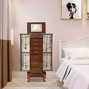 Hysache Jewelry Cabinet, Freestanding Jewelry Armoire Storage Chest w/ 7 Drawers, 2 Swing Doors, 12 Necklace Hooks, Large Capacity Wooden Jewellery Box Organizer for Bedroom Living Room