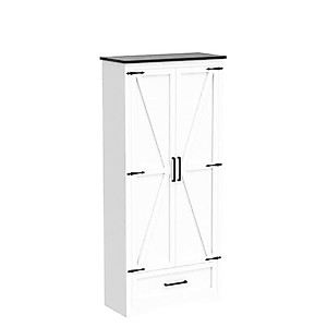 JXQTLINGMU 72" Tall Farmhouse Kitchen Pantry with Adjustable Shelves, Large Wood Kitchen Storage Cabinets with 2 Barn Doors & Drawer, Versatile Storage for Dining Room, Bathroom, Antique White