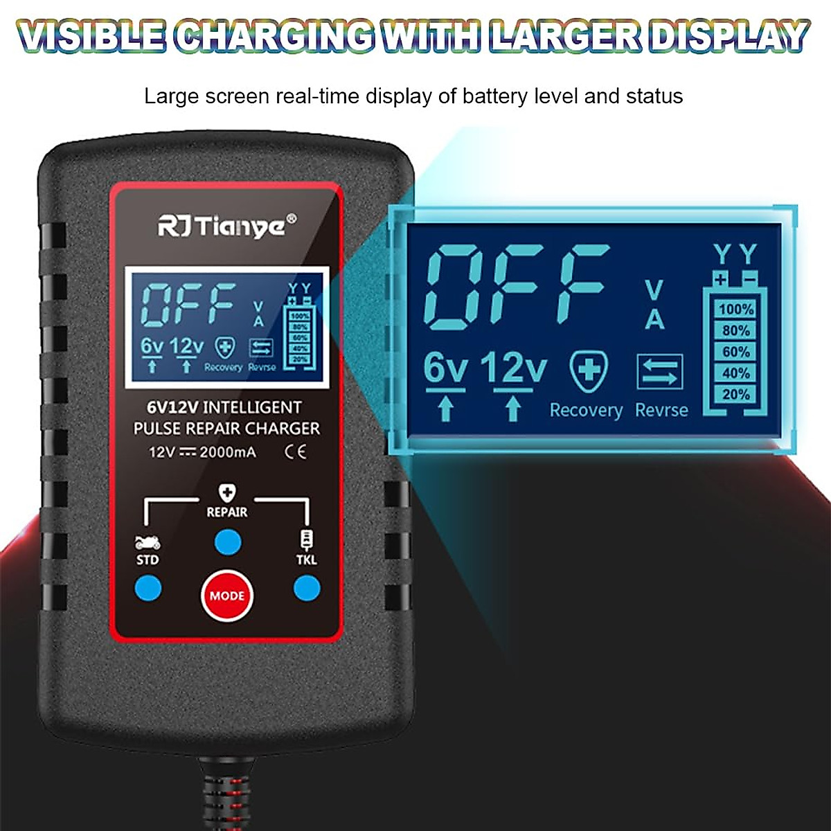 B-Qtech Upgraded 2Amp Car Battery Trickle Charger 6V/12V Smart Fully Automatic 3 Mode Battery Charger Maintainer, Battery Desulfator for Lawn Mower, Motorcycle, Car, Boat, Marine Lead Acid Batteries
