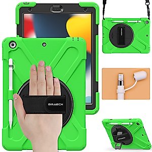 BRAECN iPad Case 9th/8th/7th Generation, 10.2 Inch iPad Case with Hand Strap, Dropproof Kids Case with Kickstand, Shoulder Strap, Pencil Holder, Pencil Cap Holder for 2021/2020/2019 10.2" iPad(Green)