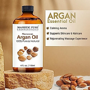 Majestic Pure Moroccan Argan Essential Oil | 100% Pure and Natural Argan Oil | Premium Grade Essential Oils for Hair Care, Home Diffusers, Skin, Aromatherapy, Massage and Humidifiers | 4 Fl Oz