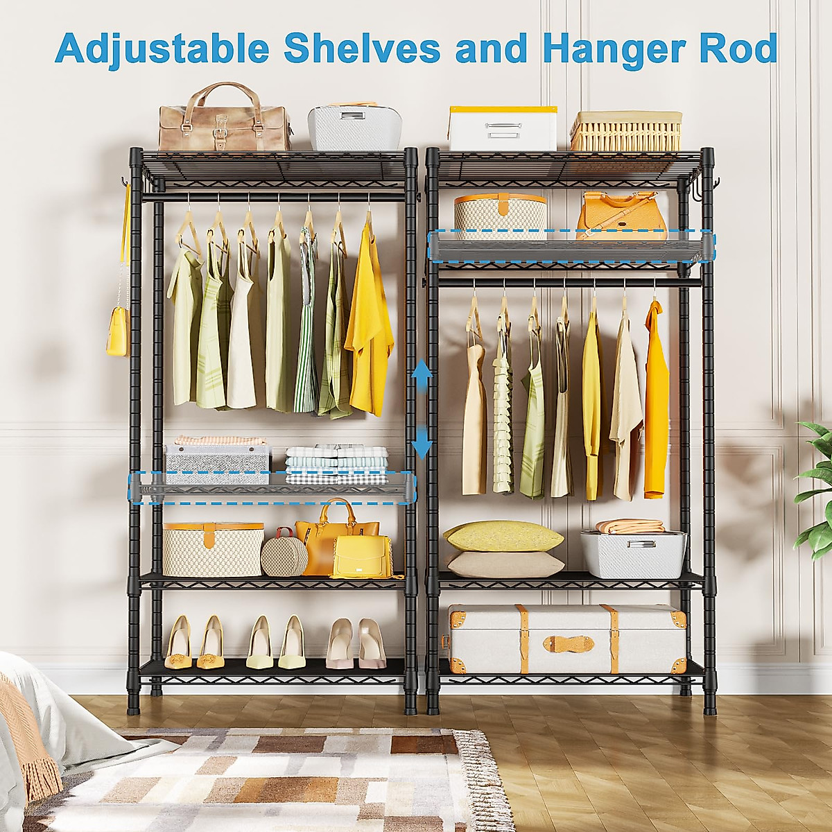 Ulif Portable Closets, 4 Tiers Garment Rack and Metal Clothes Organizer Wardrobe, Suitable for Bedroom, Apartment, Cloakroom, 25.6" W x 15.7" D x 73.2" H, Black