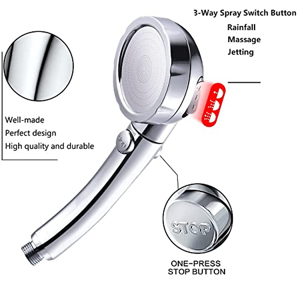 Nosame Shower,High Pressure Handheld Shower Head with ON/Off Pause Switch 3-Settings Water Saving Showerhead, Chrome Finish Bathroom 1.6 GPM Shower Accessorie