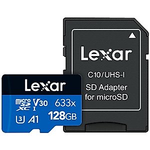 Lexar High-Performance 633x 128GB microSDXC UHS-I Card with SD Adapter, C10, U3, V30, A1, Full-HD & 4K Video, Up To 100MB/s Read, for Smartphones, Tablets, and Action Cameras (LSDMI128BBNL633A)