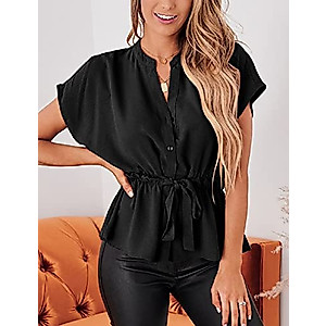 Womens Button Down Blouses Casual Peplum Summer Tops Dressy Chiffon Work Blouse Black