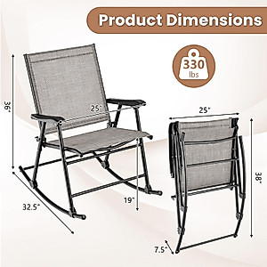 Tangkula Folding Rocking Chair Set of 2, Patio Rockers with Breathable Seat Fabric & Sturdy Metal Frame, Smooth Rocking Motion, Heavy-Duty Outdoor Rocker for Backyard, Front Porch, Poolside