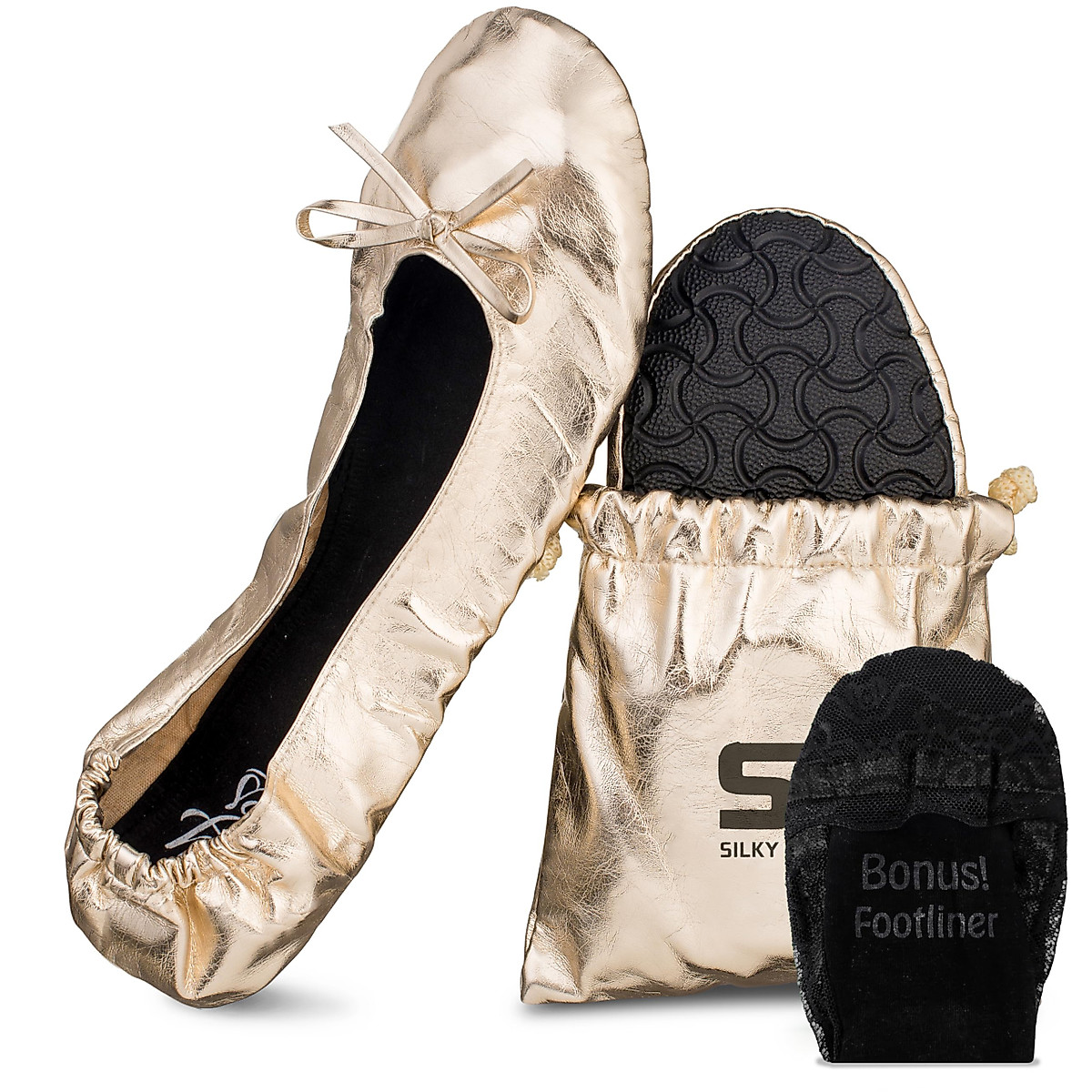 Silky Toes Women's Foldable Portable Travel Ballet Flat Roll Up Slipper Shoes with Matching Carrying Pouch (Extra Large, Gold)