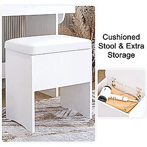 IRONCK Vanity Desk with LED Lighted Mirror & Power Outlet, Makeup Table with Drawers & Cabinet,Storage Stool,for Bedroom, White