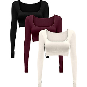 3 Pack Ribbed Seamless Long Sleeve Crop Tops Square Neck Cropped Top Set for Women Workout Gym Yoga (Black, Reddish Brown, Beige, Large)
