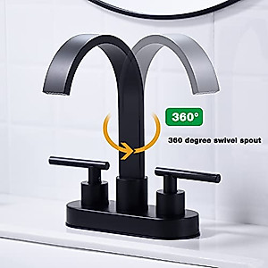 TRUSTMI Bathroom Faucet Matte Black 2 Handle Lavatory Basin Sink Faucet Swivel Waterfall 4 Inch Centerset Vanity Faucet with Overflow Pop Up Drain Assembly