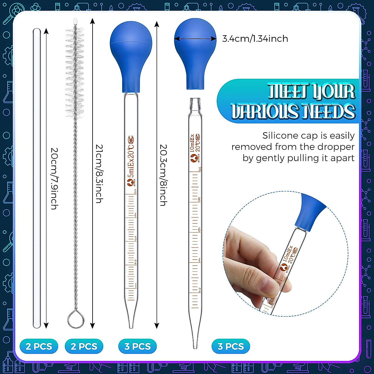 Weewooday Glass Droppers Pipettes Graduated Lab Dropper Glass Liquid Pipette with Big Rubber Hats 20 cm Glass Stir Rod Washing Brush Transfer for Liquid Essential Oil(16 Pieces,Blue,5 Ml, 10 ml)