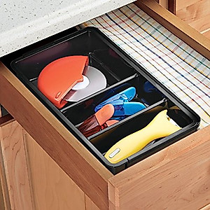 InterDesign Linus Expandable Kitchen Drawer Organizer for Silverware, Spatulas, Gadgets - 12" x 7" x 2.3", Black