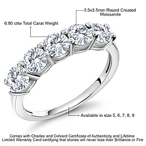 925 Sterling Silver White Moissanite from Charles & Colvard Wedding Band Ring For Women (0.80 Cttw, Round 3.5MM, Gemstone Birthstone, Available In Size 5, 6, 7, 8, 9)