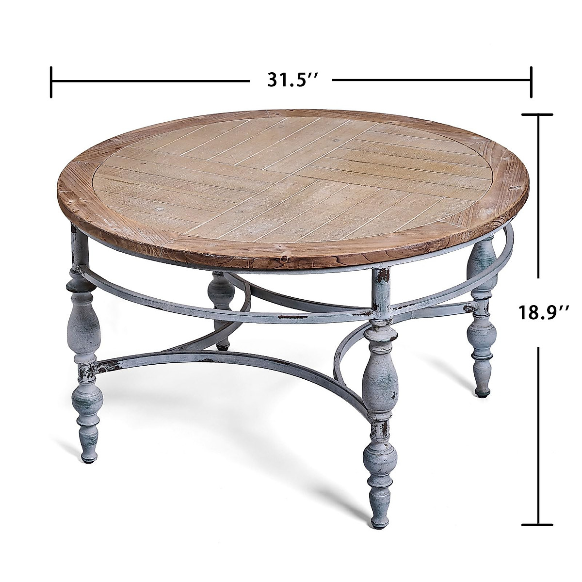 TIMBERMAVEN Rustic Farmhouse Round Coffee Table, French Country Vintage Center Table,φ31.5'' x18.9''H Rustic Solid Wood with Vintage Iron Legs, for Living Room, Bedroom,Dinning Room, White