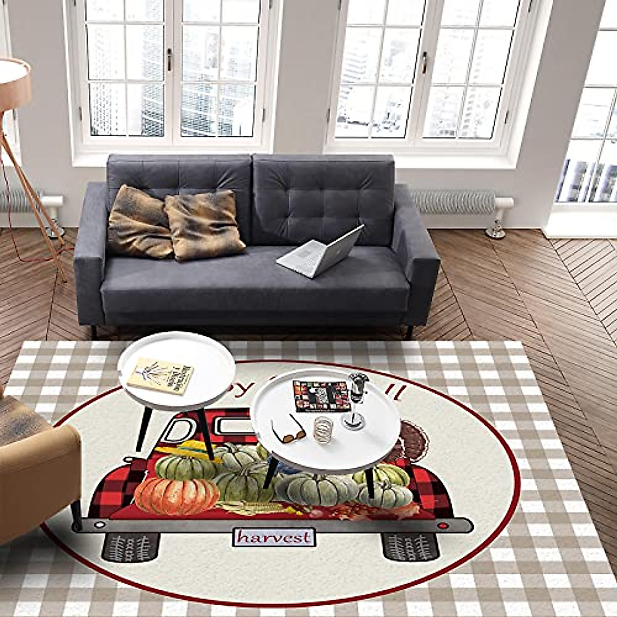 Indoor Area Rugs Thanksgiving Turkey Truck Pumpkin Non-Slip Floor Mats Grey Check Rectangular Carpet Soft Washable Rugs for Living Room/Bedroom/Hallway Home Decor - 2x3 Feet