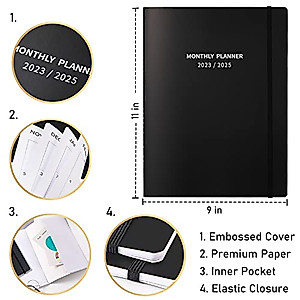 Monthly Planner/Calendar 2023-2025 - July 2023-June 2025, Monthly Academic Planner 2023-2025, 9" x 11", 2-Year Monthly Planner with inner Pocket, Flexible Embossed Cover, Elastic Closure, Great for Organizer