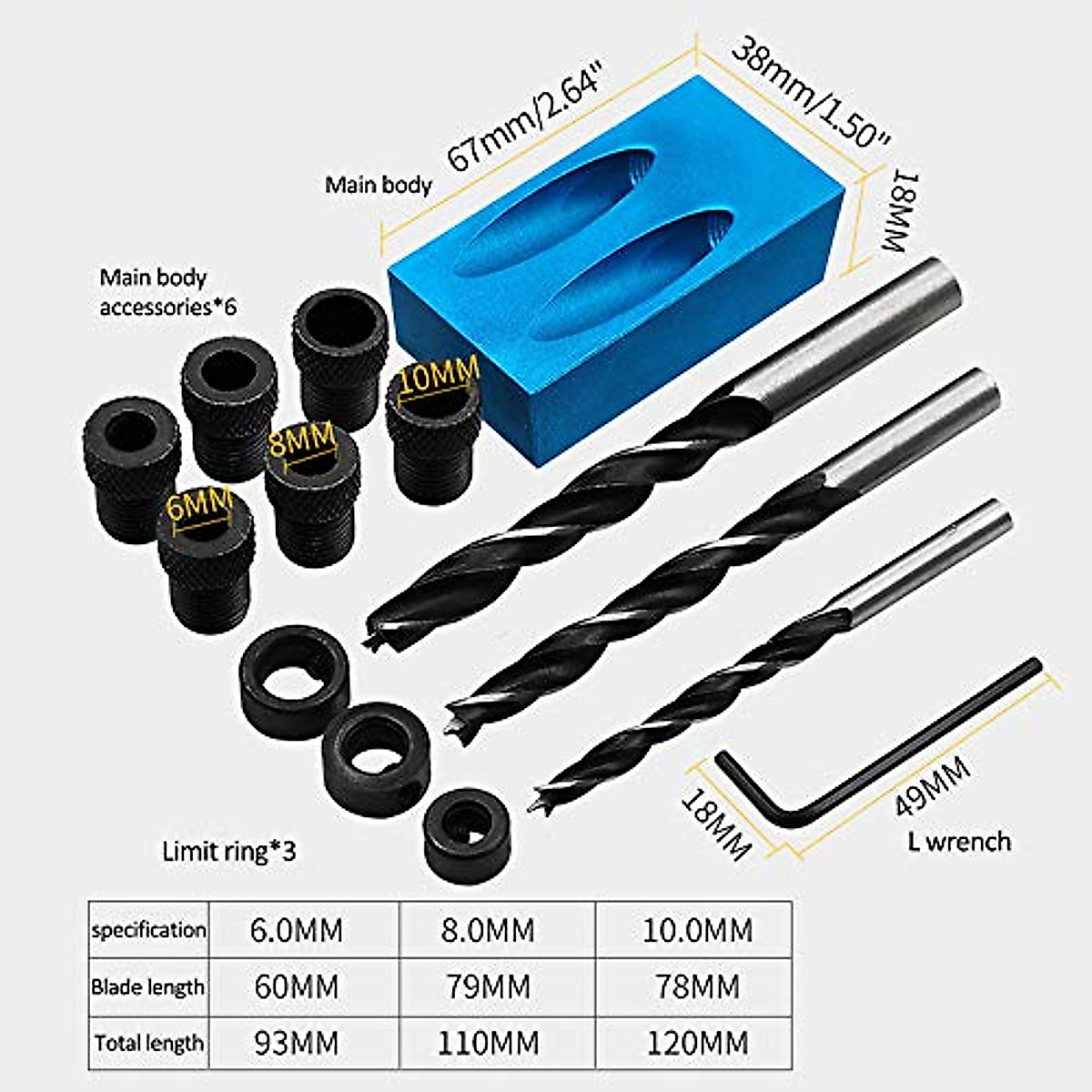 14Pcs Pocket Hole Jig Kit - 15° Punch Locator Angle Woodworking Tool Hole Screw Jig Positioner Drilling Kit Bit Jig Clamps for Woodworking - Dowel Drill Guide Joiner Woodworking Tools for Drilling