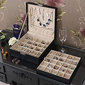 BEWISHOME Earring Organizer Holder for Cufflinks, Rings, Pendants, Chain - 50 Slots Case, 6 Necklace Hook, 2 Stackable Trays - Elegant Jewelry Storage Box for Girls Women, Black Faux Leather SSH11B