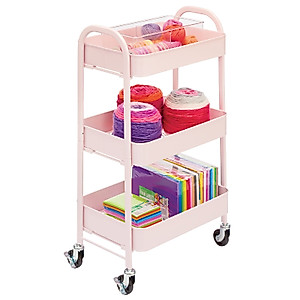 mDesign Metal 3-Tier Rolling Utility Storage Carts - Organizer Trolley for Bathroom, Kitchen, Laundry, Office, and Kids Rooms - Heavy Duty Caddy with 4 Caster Wheels - Light Pink