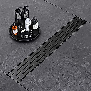 24 inch Rectangular Linear Shower Drain with Brick Pattern Grate,304 Stainless Steel Bathroom Floor Drain, Adjustable Feet, Threaded Adapter Included?Hair Strainer?Matte Black