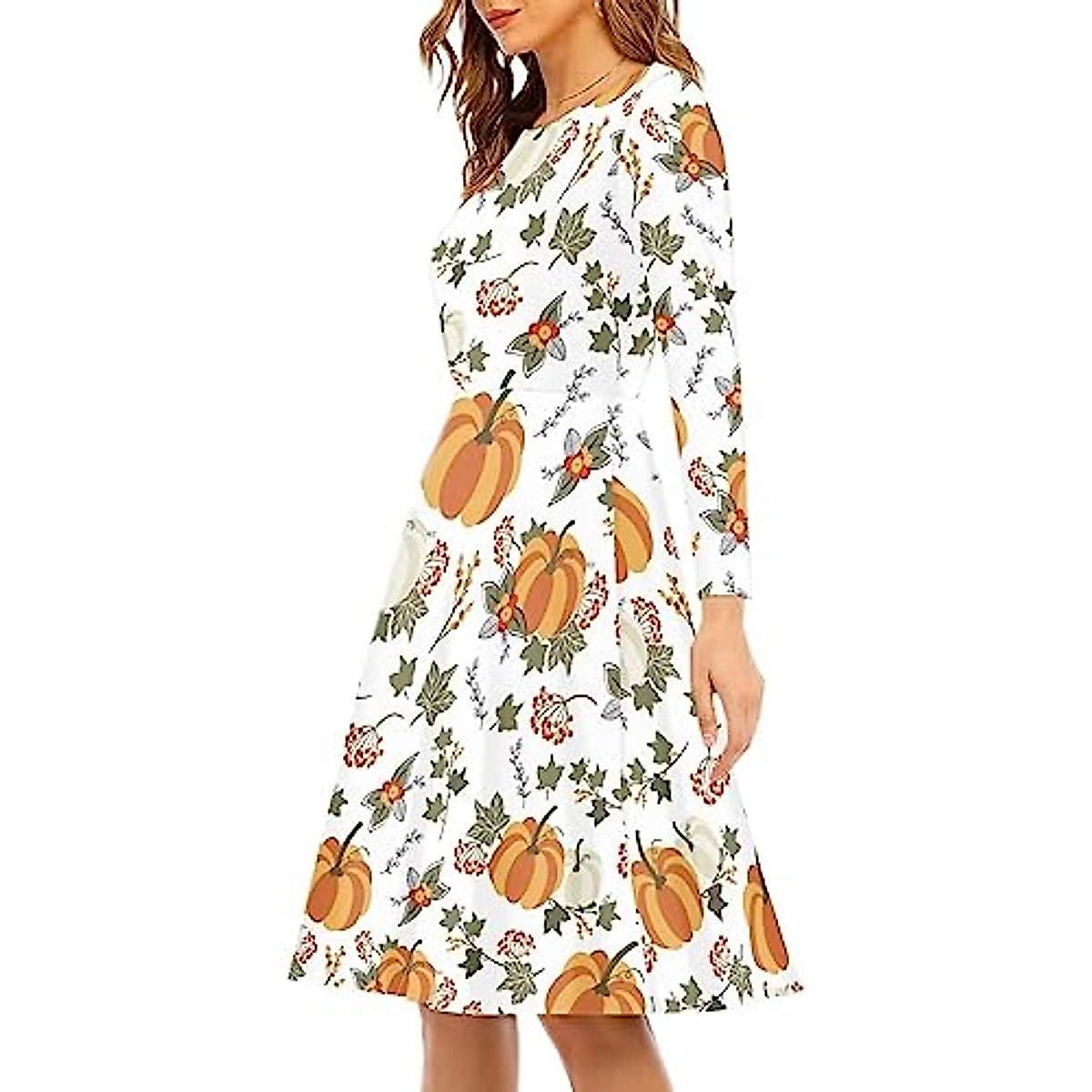 Viewamoon Pumpkins Thanksgiving Dresses for Women 2023 Party Pleated Dress Girl's Long Sleeve Flare Dresses for Dancing Outdoor Office Size XL Puffy Swing Midi Dress for Ladies