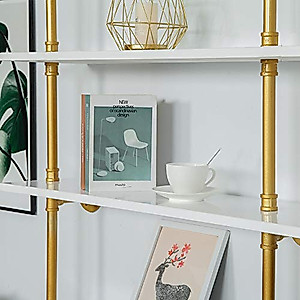 Industrial 6-Tiers Modern Ladder Shelf Bookcase,Solid Wood Storage Shelf,Display Shelving, Wall Mounted Wood Shelves, Pipe Wood Shelves Bookshelf Vintage Wrought Iron Finish (White)