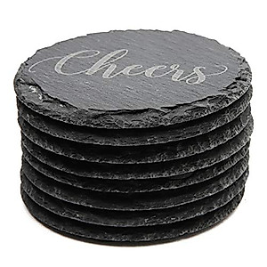 Juvale Round Black Slate Stone Coasters Set with Steel Stand (3.8 Inches, 8 Pack)