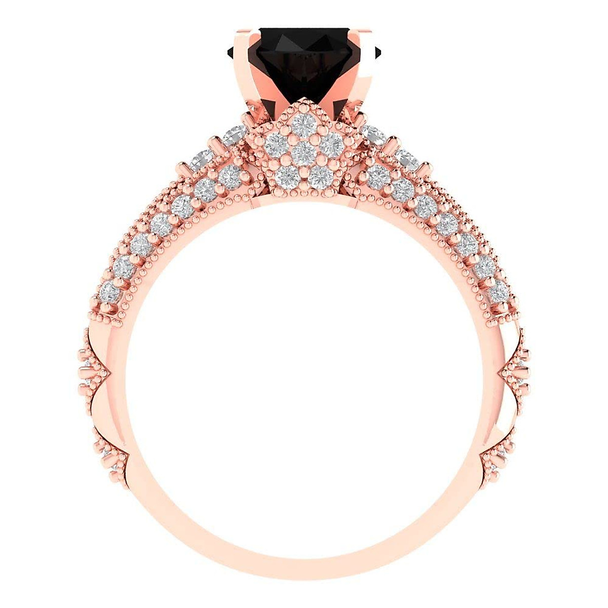 2.20 ct Round Cut Solitaire Genuine Natural Black Onyx Art Deco Statement Wedding Ring Band set 18K Rose Solid Gold 9.25
