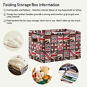 ALAZA Vintage British Flag Union Jack 3D Large Storage Basket with Handles Foldable Decorative 1 Pack Storage Bin Box for Organizing Living Room Shelves Office Closet Clothes