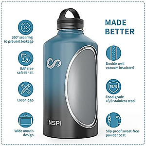 Water Bottle Insulated, INSPI Gallon Water Bottle with Straw&3 Lids, Large Wide Mouth Triple Wall Vacuum Stainless Steel Metal Hydro Jug, Keep Cold for 48Hrs and Hot for 24Hrs, (Indigo/Black, 128oz)