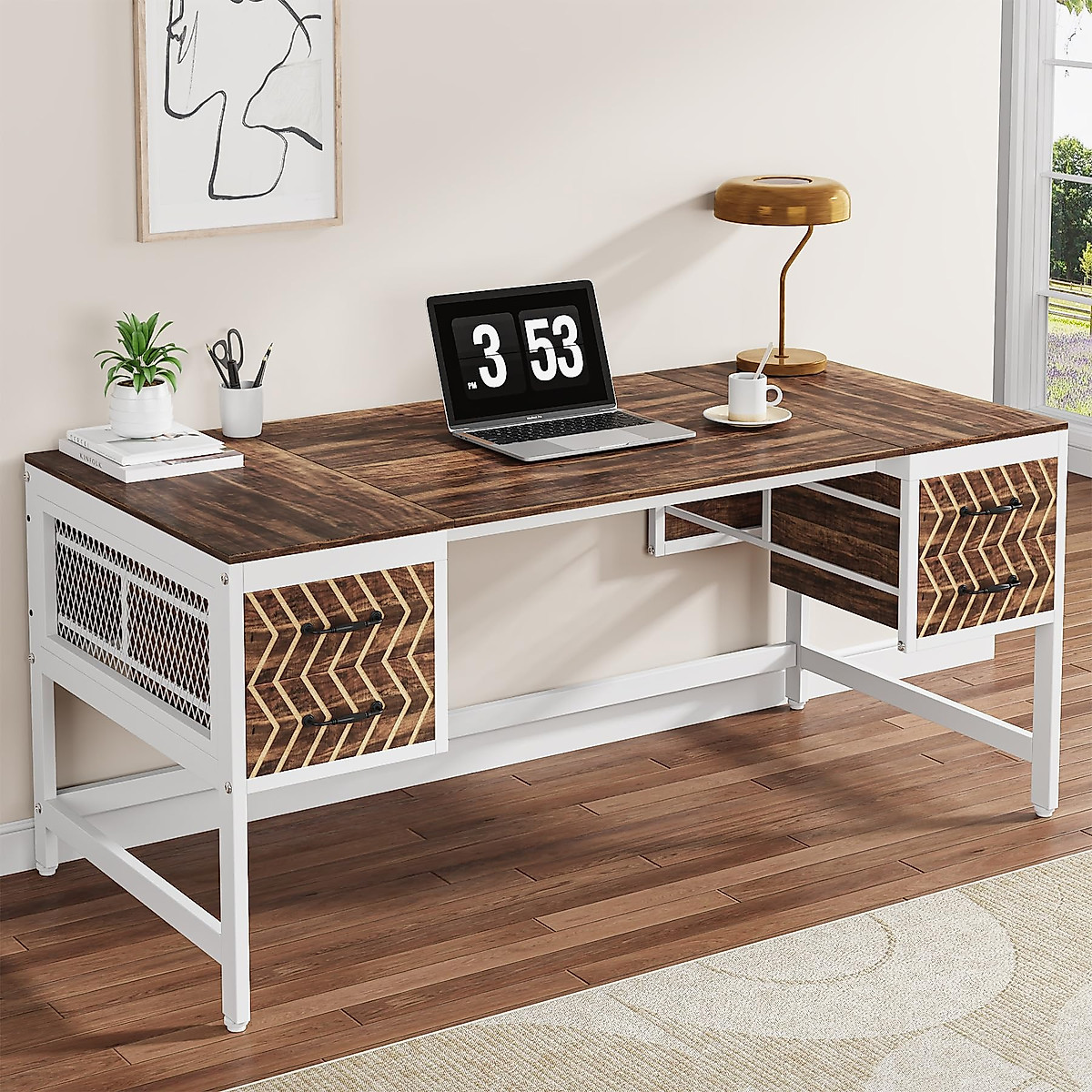Tribesigns Computer Executive Desk with Drawers: Wood 63" Computer Desk with 4 Storage Drawers, Farmhouse Study Writing Table, Herringbone Business Furniture for Home Office, Brown and White