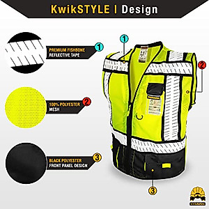 KwikSafety - Charlotte, NC - SPECIALIST Safety Vest [Multi-Use Pockets] Class 2 ANSI OSHA High Visibility Reflective Heavy Duty Solid Mesh HiVis Construction Surveyor Work Men/Black Medium