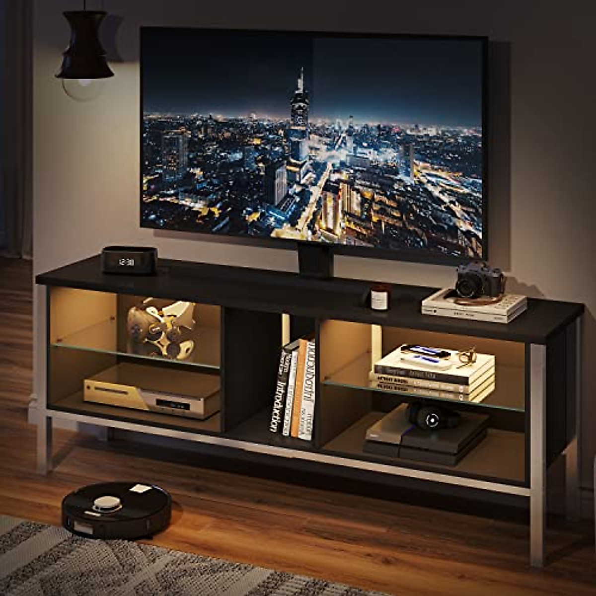 Bestier Entertainment Center, Gaming TV Stand for 70 TV inch, TV Media Console with Modern Glass Shelves, Grey